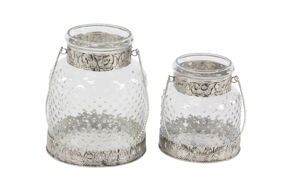 Rustic Clear Glass Jar Candle Holders with Iron Handles Set of 2