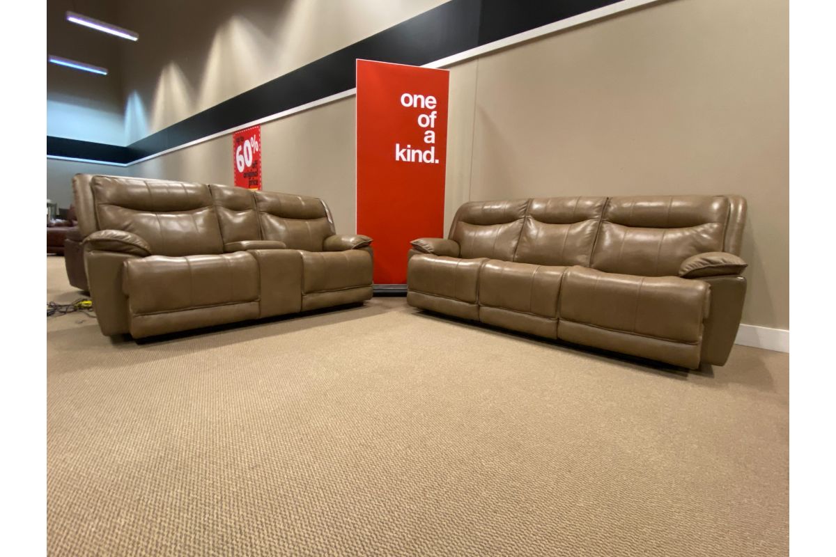 Cheers Dove Leather Power Reclining Sofa + Loveseat with Console