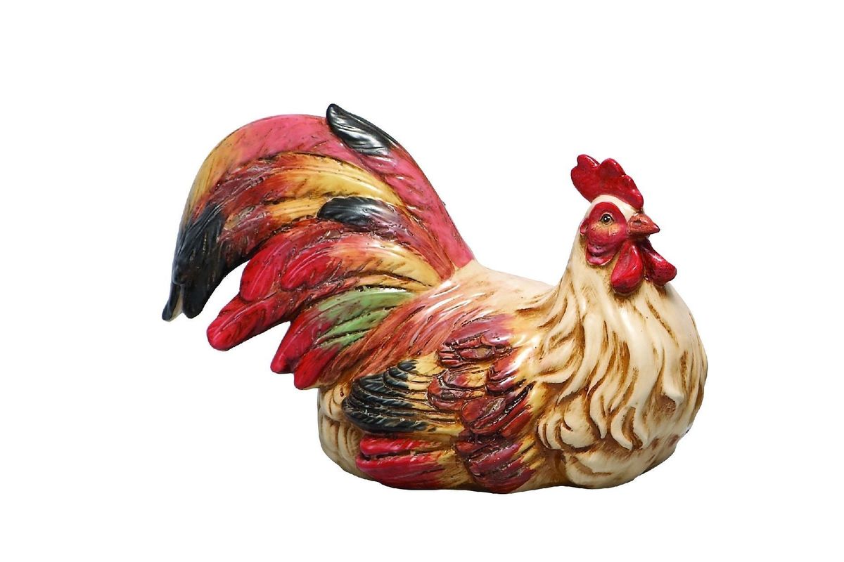 Updated Traditional Painted Ceramic Sitting Rooster Sculpture